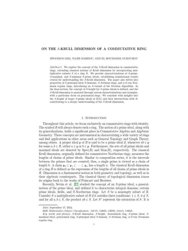 S-Krull Dimension in Commutative Rings | PDF | Ring (Mathematics) | Algebra