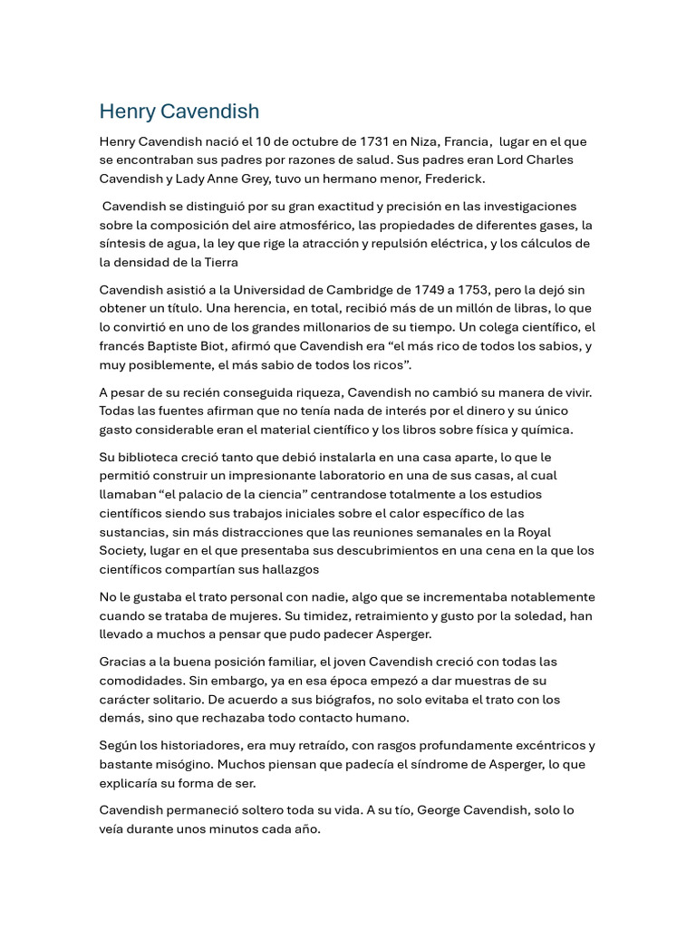 Biografía Henry Cavendish | PDF