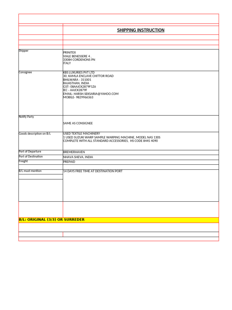 Shipping Instructions for Used Textile Machinery | PDF