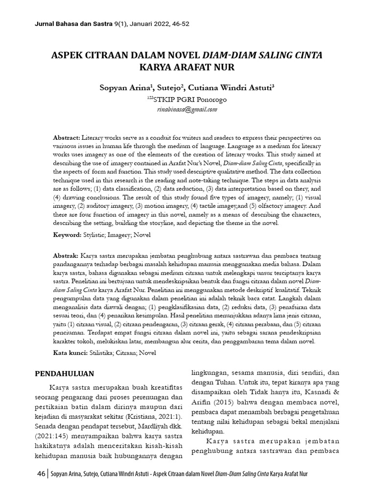 7 Aspek Citraan Dalam Novel Diamdiam Saling Cinta Karya Arafat Nur (1) | PDF