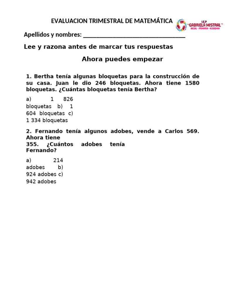 Evaluacion Trimestral de Matemática | PDF