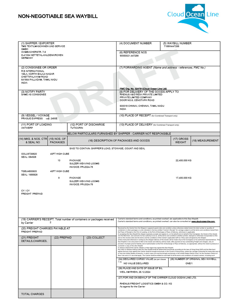 House BL (Cloud Ocean Line) (View) | PDF | Indemnity | Bill Of Lading