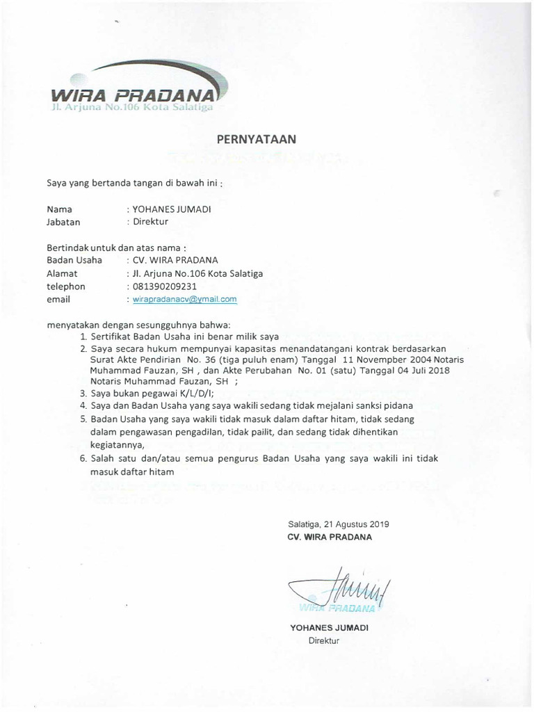 Pernyataan Legalitas CV. Wira Pradana | PDF