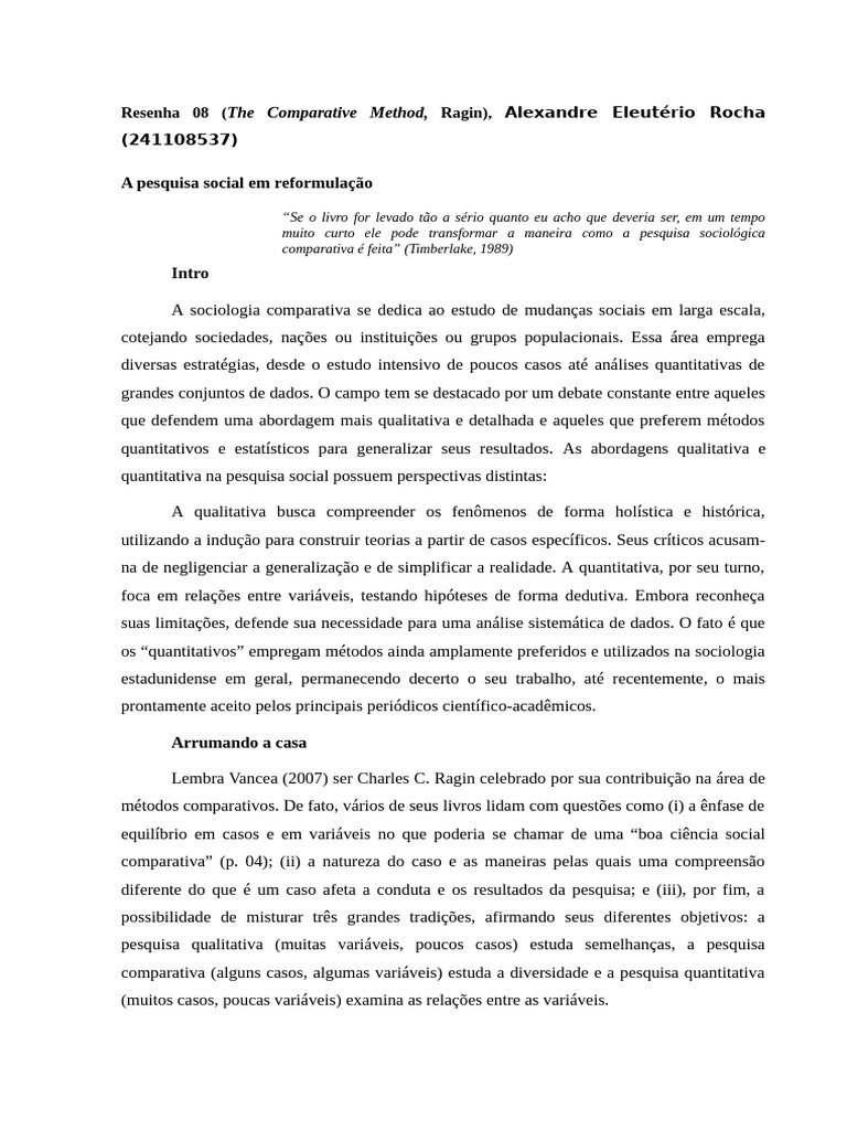Resenha 08 - Ragin - The Comparative Method_ Moving Beyond Qualitative and Quantitative ...