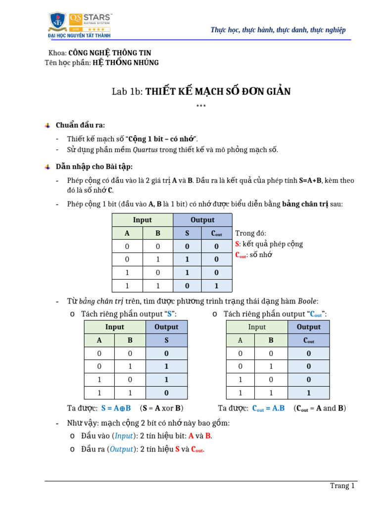 Lab 1b-Thiet ke mach so-Cong 1 bit-V2 | PDF