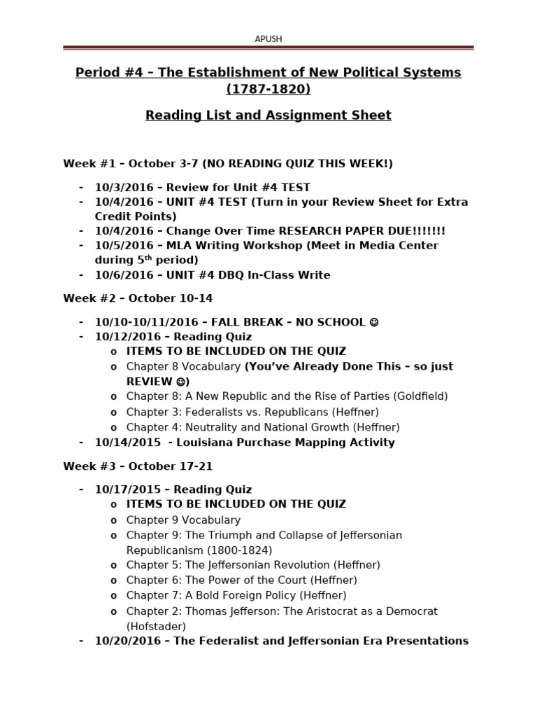 Unit Reading and Assignment Sheet | PDF | Thomas Jefferson | The United ...