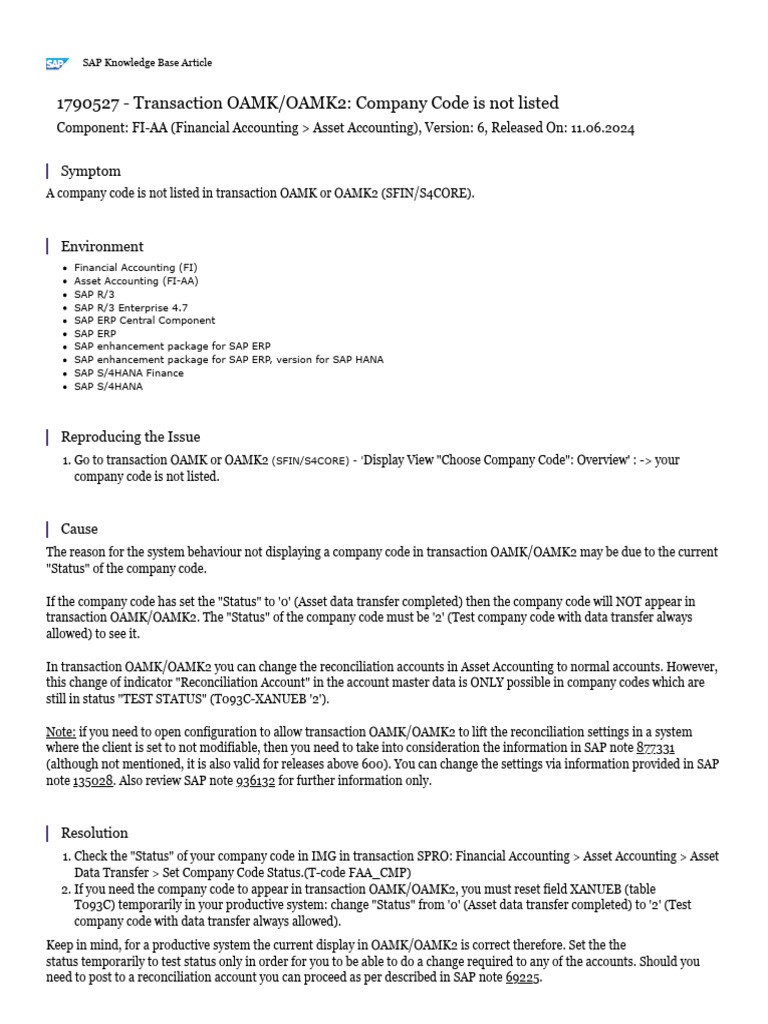 Transaction OAMK OAMK2 Company Code Is Not Listed | PDF | Sap Se ...