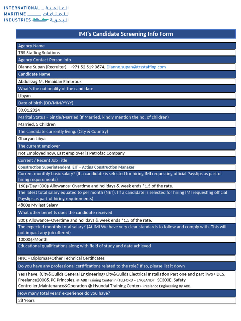 IMI Candidate Screening Form: Abdulrzag Elmbrouk | PDF | Business | Labor