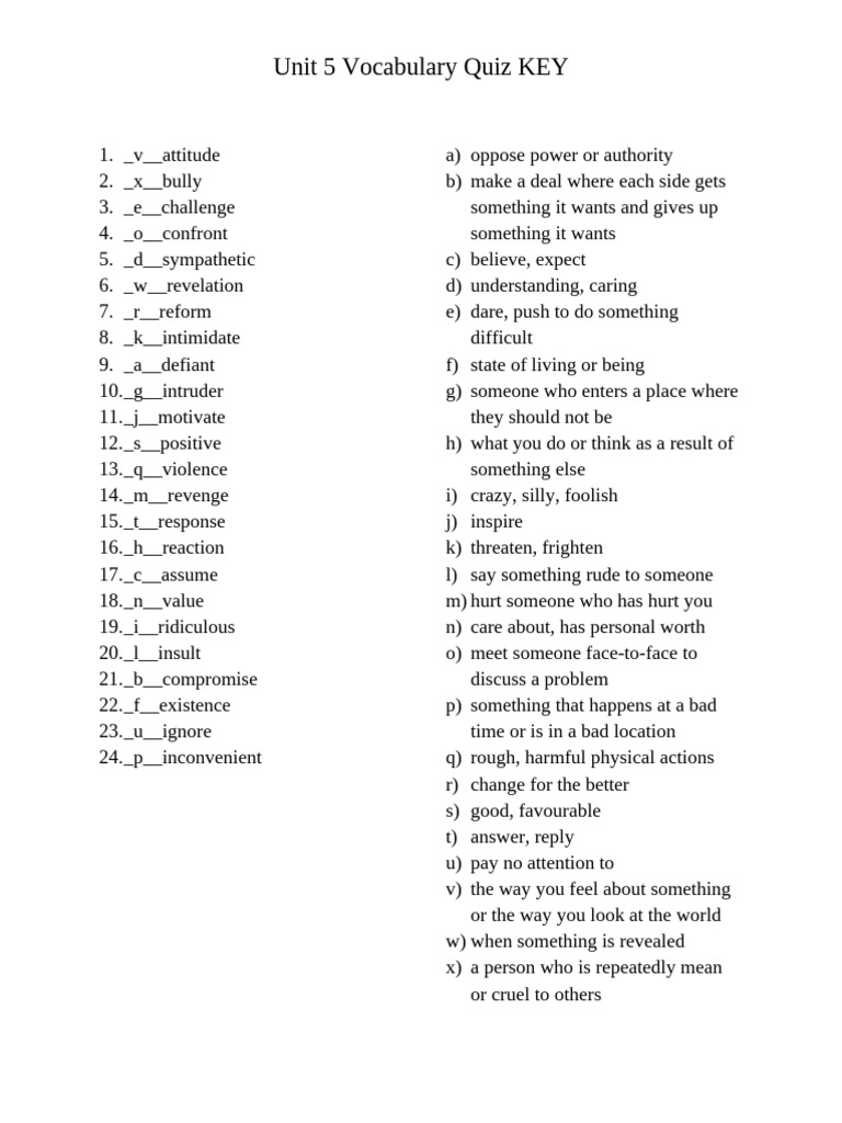 Unit 5 Vocab Quiz KEY | PDF
