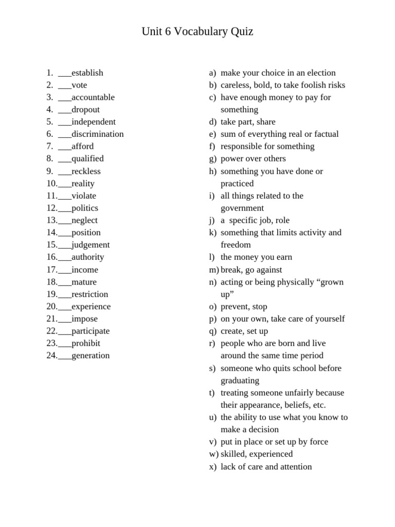 Unit 6 Vocab Quiz | PDF
