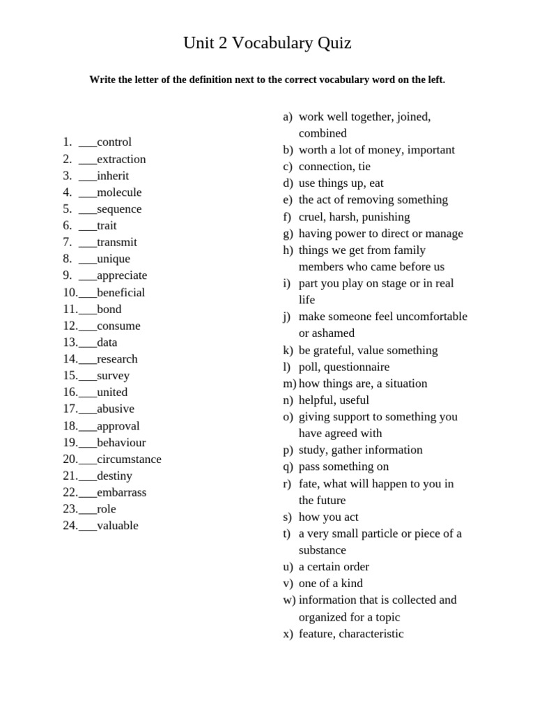 Vocabulary Quiz - Unit 2 VERSION 2 | PDF