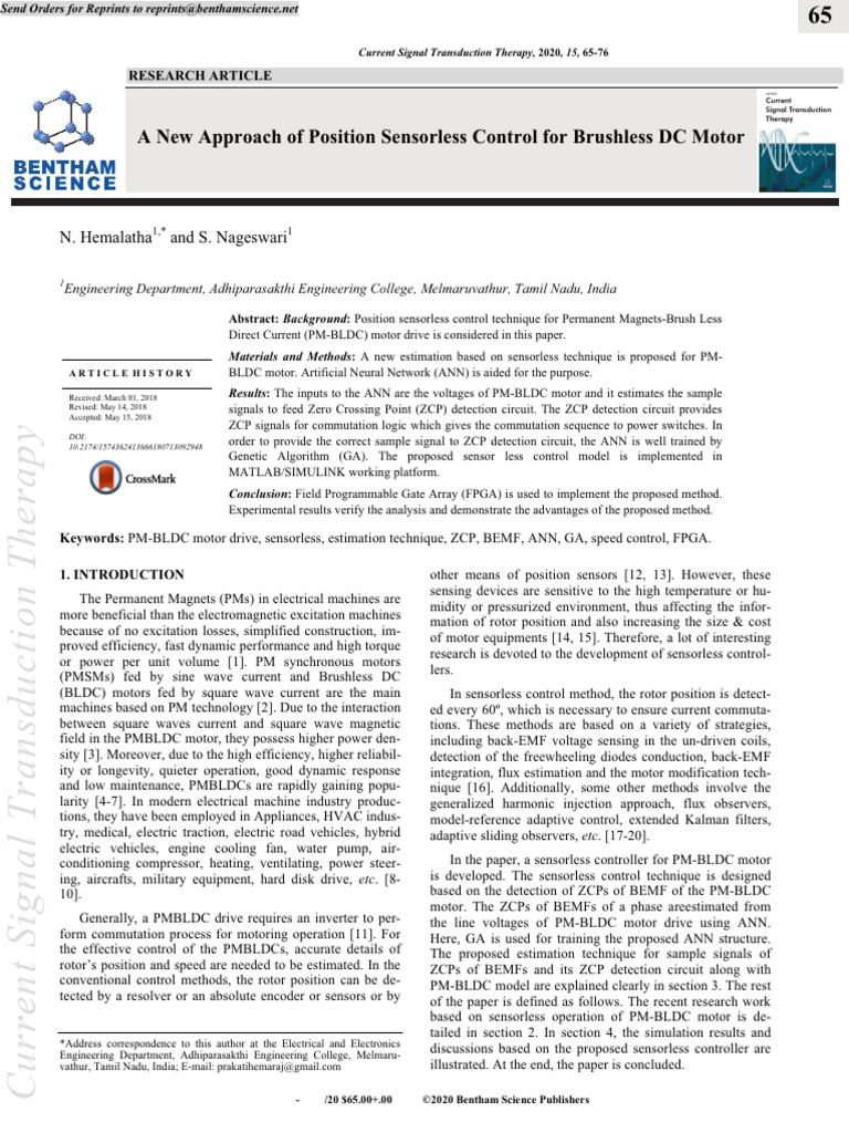 A New Approach Of Position Sensorless Control For Brushless Dc Motor Pdf Electric Motor