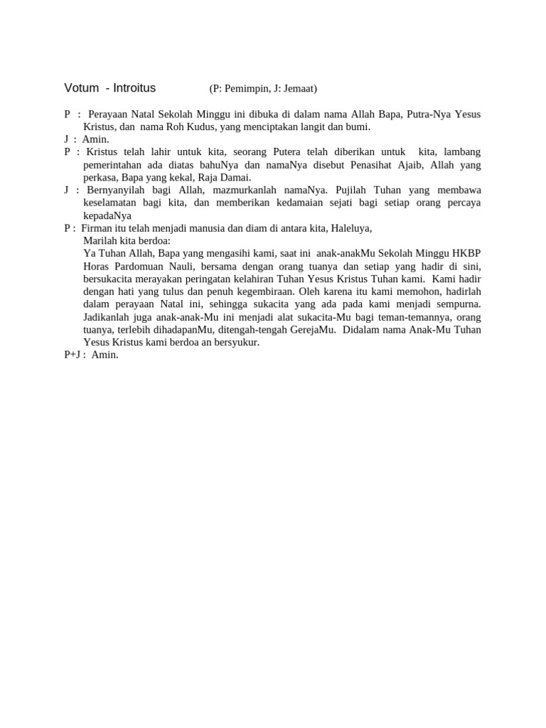 Votum Dan Doa Pembuka Ibadah Natal s. Mggu | PDF