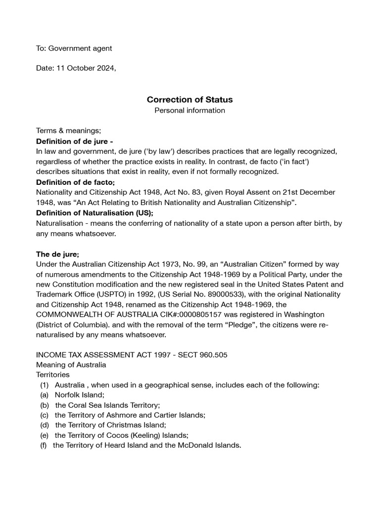 Correction of Status and Citizenship Definitions | PDF | De Facto ...