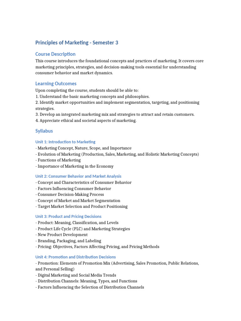 Principles of Marketing Sem3 Syllabus | PDF