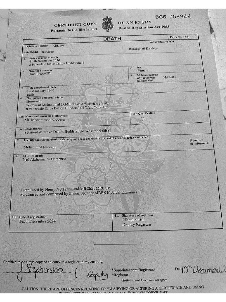 Mr. Moh Nadeem Mother Death Certificate and Passport | PDF