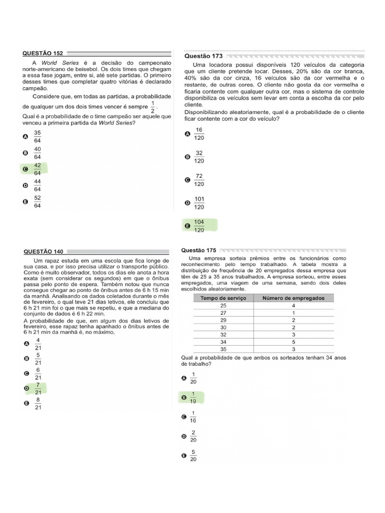 GABARITO Lista de Exercícios Sobre Probabilidade (ENEM) | PDF