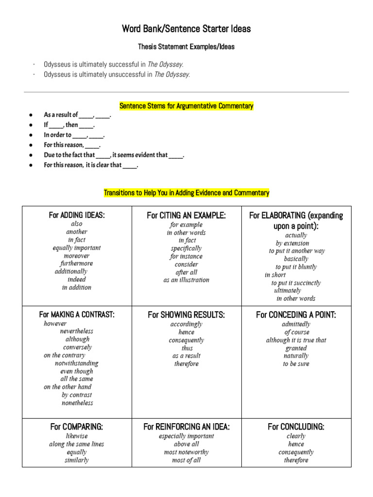 Word Bank-Sentence Starter Ideas, The Odyssey ECR | PDF | Odyssey