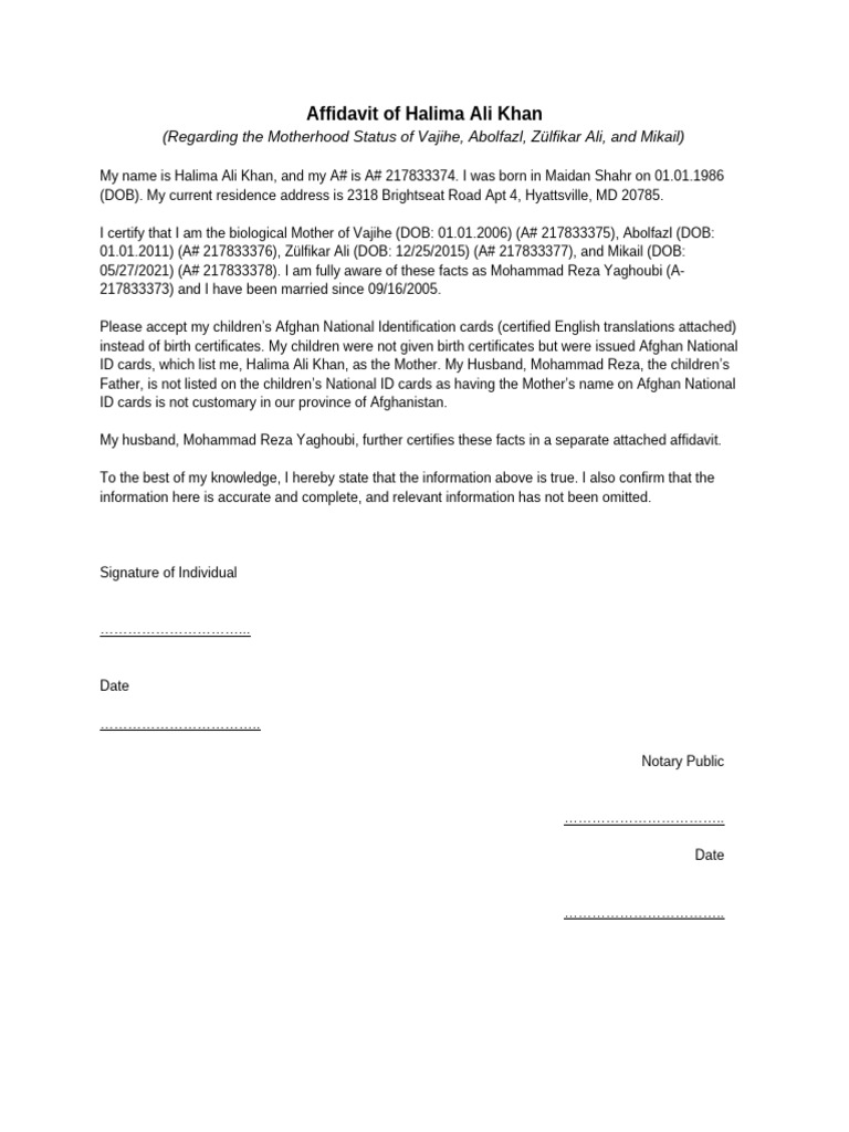 Affidavit of Halima Ali Khan | PDF