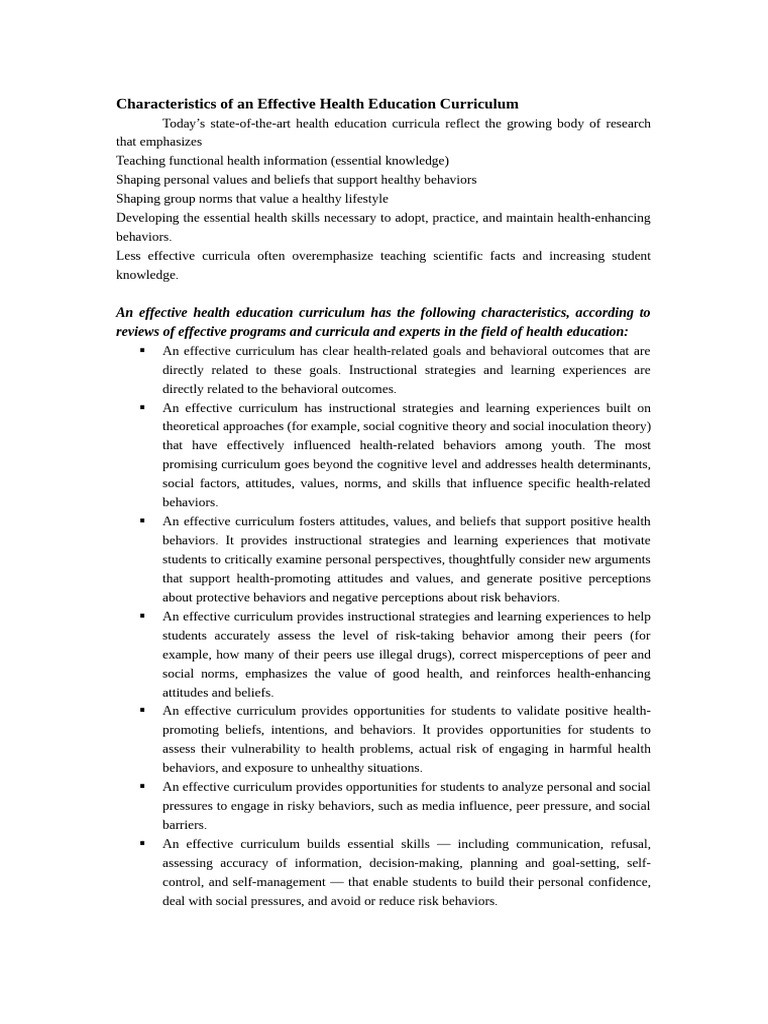 Characteristics of an Effective Health Education Curriculum | PDF ...