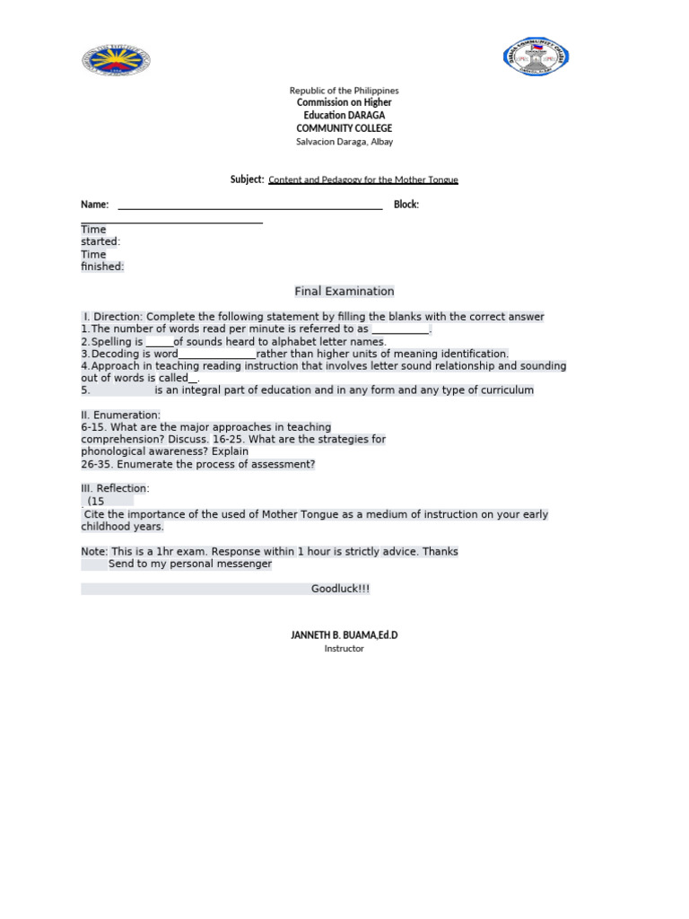 Dcomc Final Exam MTB Mle | PDF