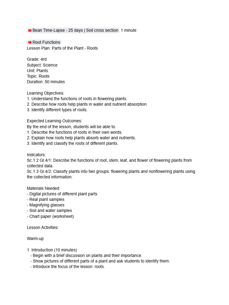 1 hour lesson plan | PDF | Root | Plants