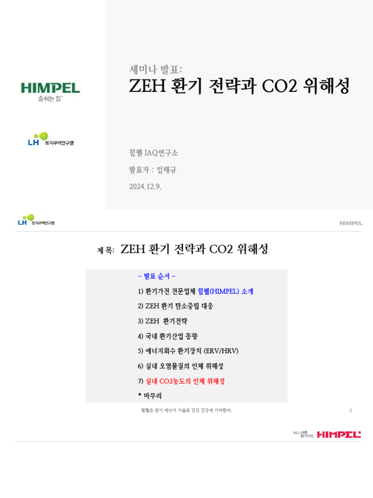 (20241209) - ZEB환기 및 CO2 위해성 - LH - 세미나 - 발표자료 | PDF