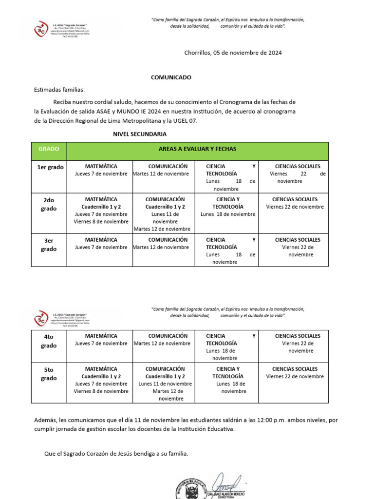 Comunicado Evaluacion Asae y Salida 11 de Noviembre | PDF