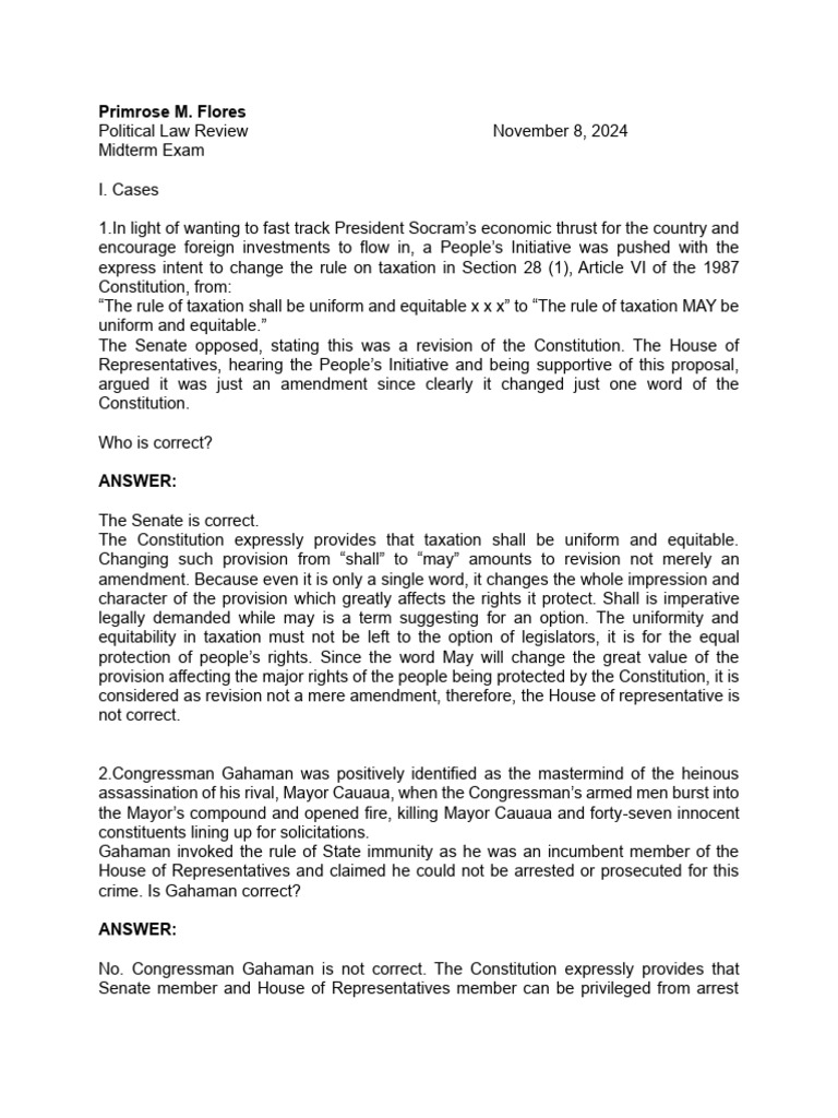 Flores, Primrose, Political Law Midterm Exam-Final | PDF | United ...