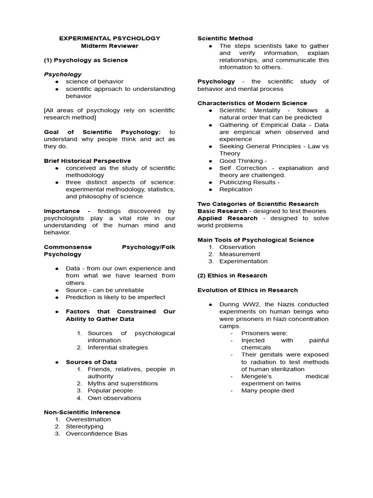 Experimental Psychology Midterm Review | PDF | Psychology | Sampling ...