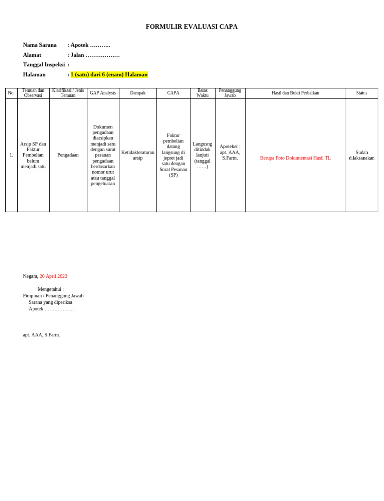 Formulir Evaluasi Capa | PDF