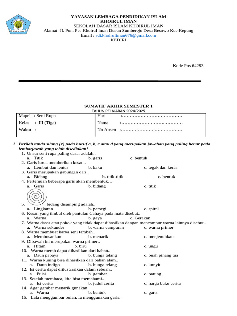 SAS SENI RUPA Kelas 3 2024-2025 | PDF