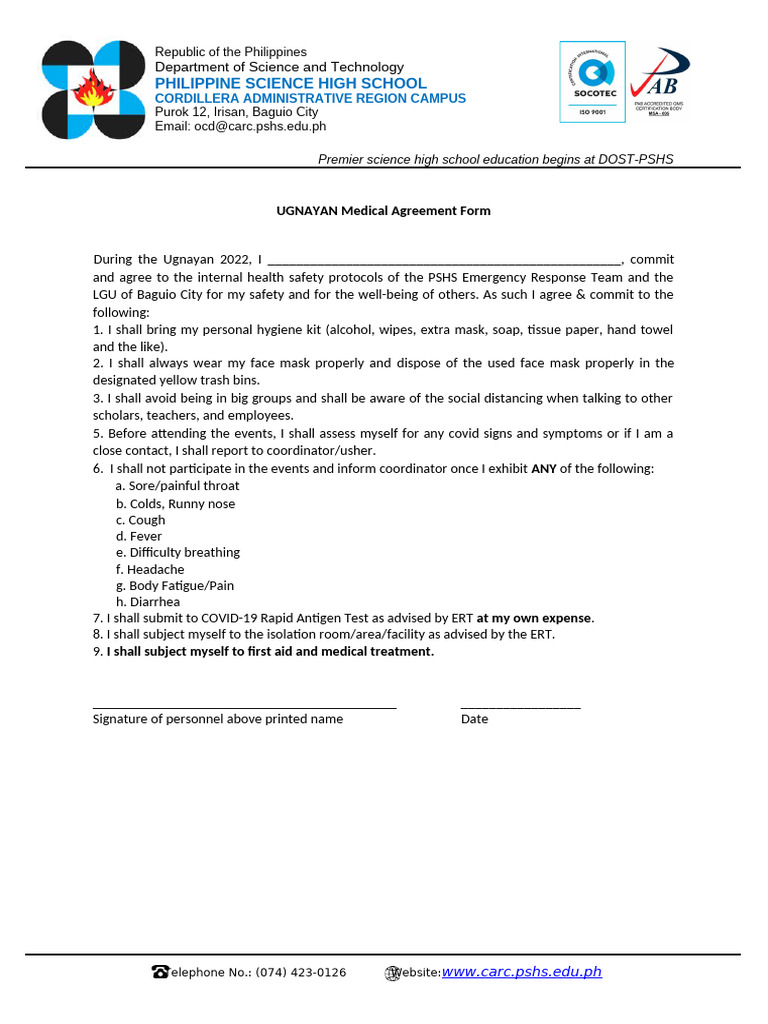 Medical Agreement Form - Personnel | PDF