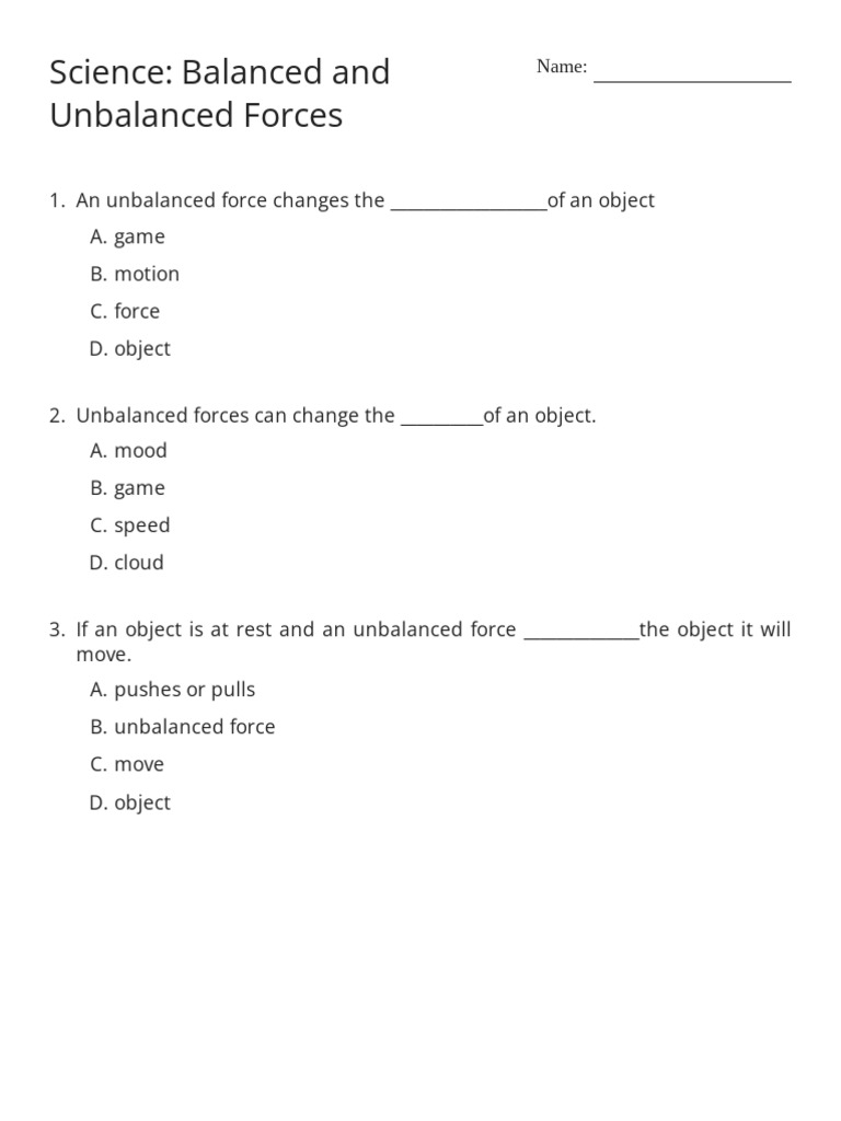 Balanced vs Unbalanced Forces Quiz | PDF