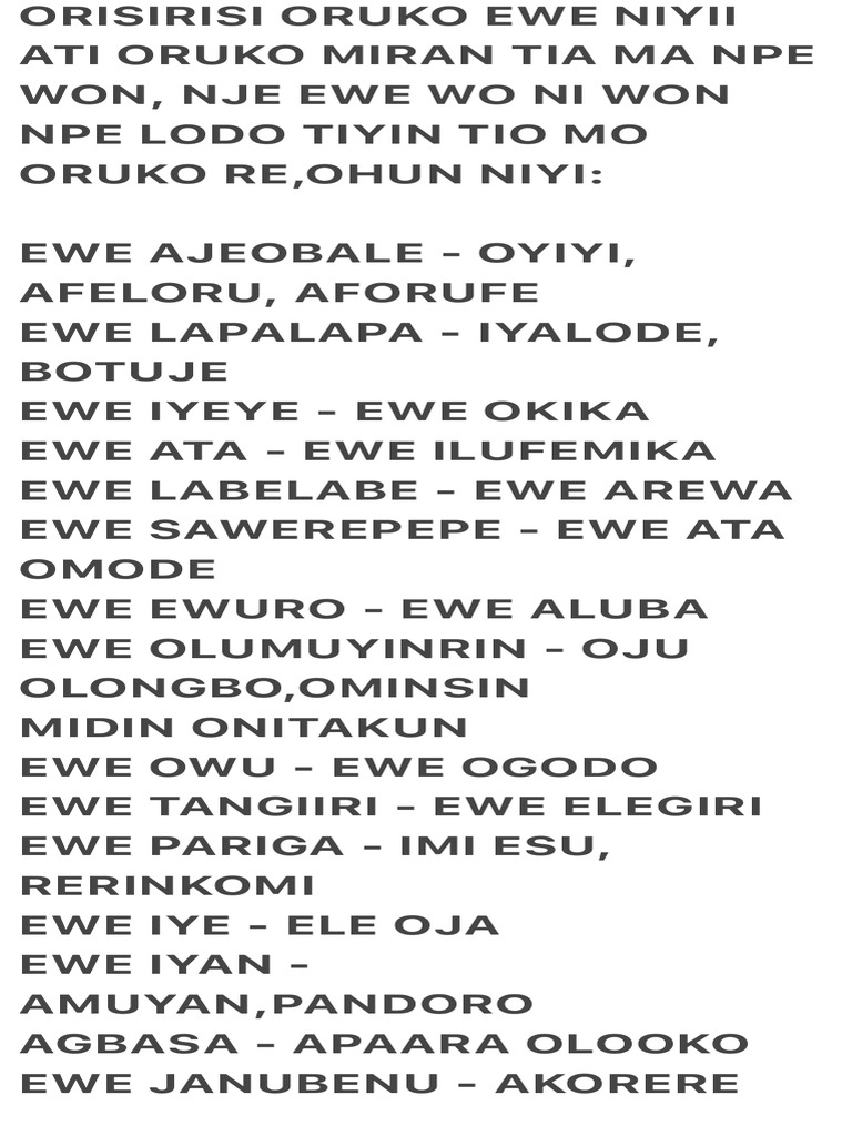 Orisirisi Oruko Ewe Niyii Ati Oruko Miran Tia Ma Npe Won, Nje Ewe | PDF