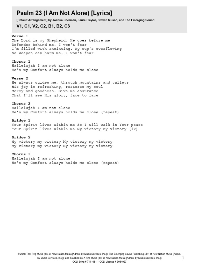 Psalm 23 I Am Not Alone Lyrics | PDF