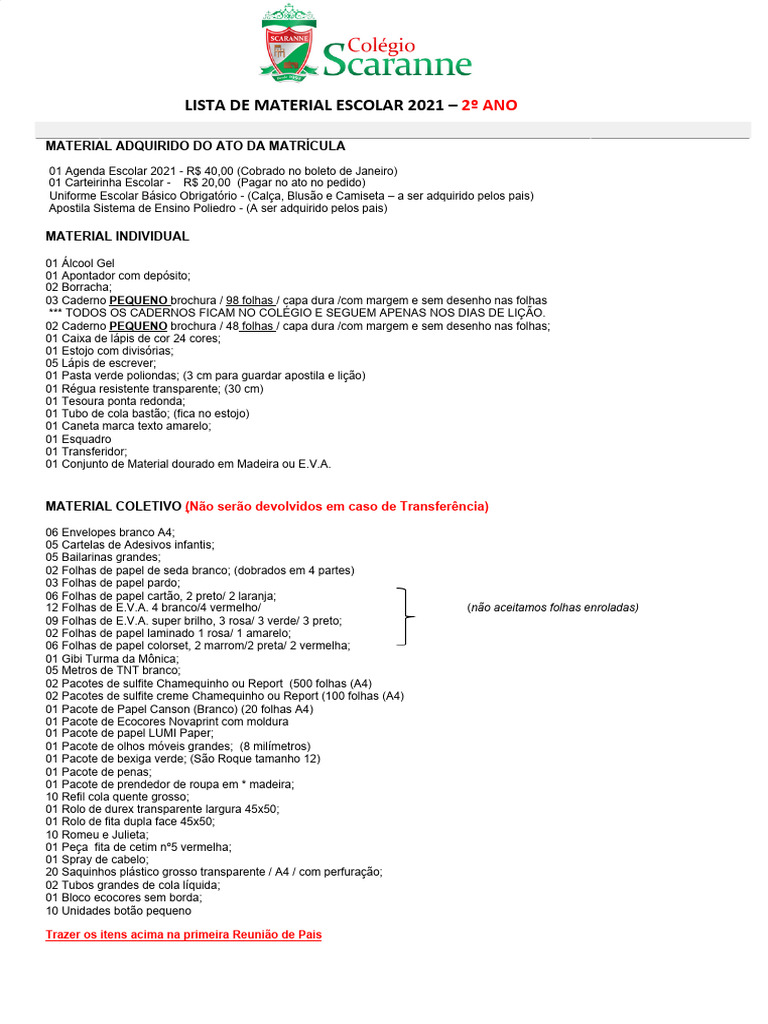 Lista de Material Escolar 2º Ano 2021 | PDF