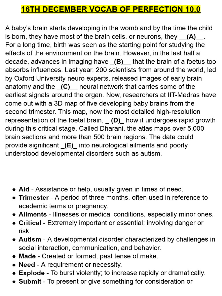 16TH December Vocab of Perfection 10.0 | PDF | Brain | Neuron