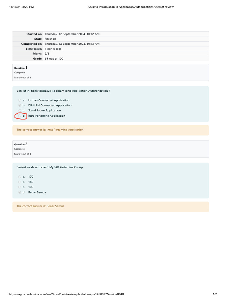 Quiz To Introduction To Application Authorization - Attempt Review | PDF