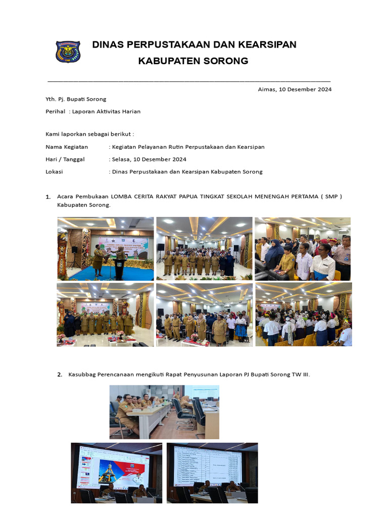 Laporan Aktivitas Harian, Selasa 10 Desember 2024 | PDF