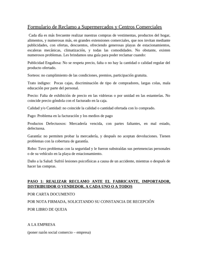 Formulario de Reclamo a Supermercados y Centros Comerciales | PDF | Los ...