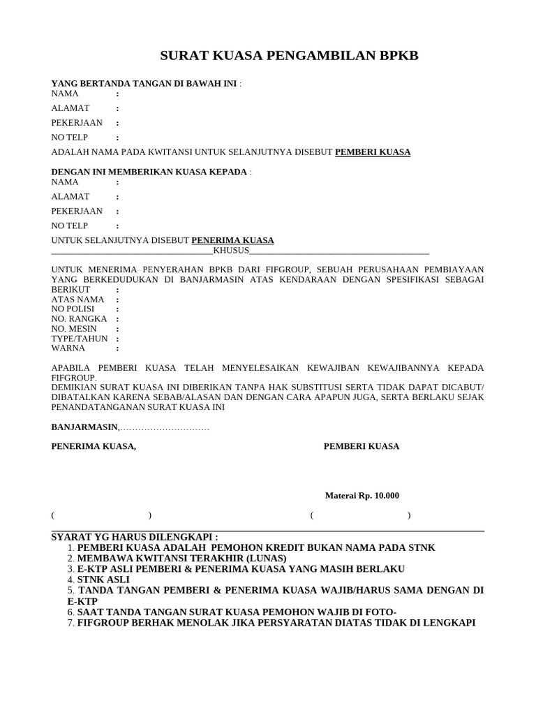 SURAT KUASA PENGAMBILAN BPKB Terbaru | PDF