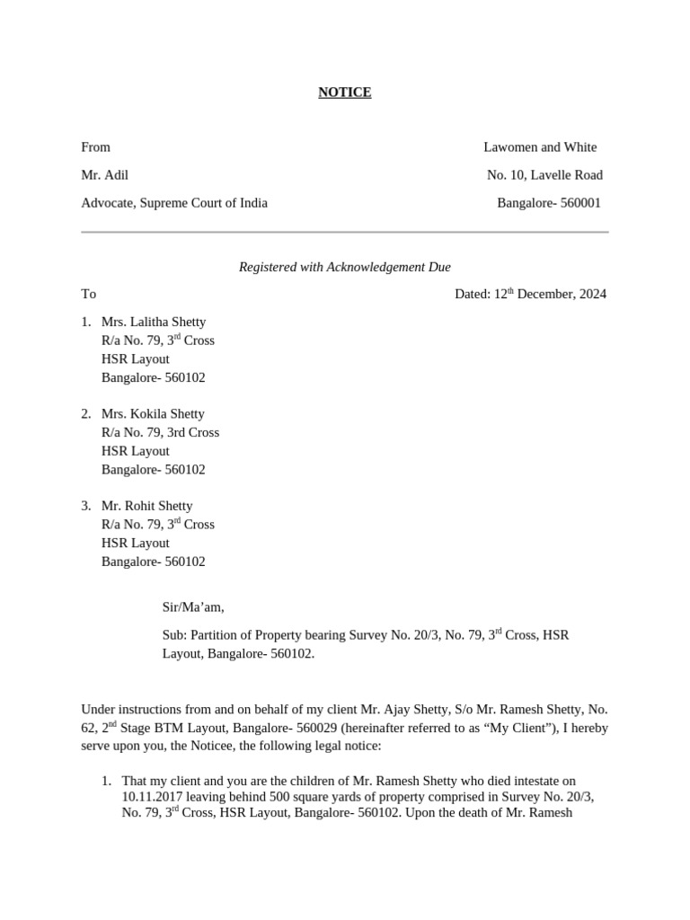 Legal Notice: Property Partition Dispute | PDF | Private Law | Common Law