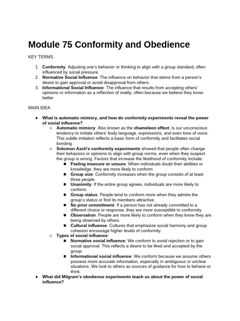 Module 75 Conformity and Obedience | PDF | Conformity | Obedience ...