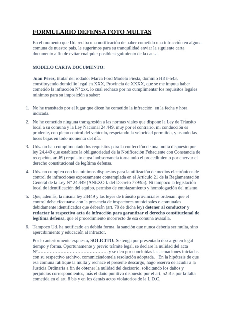 Defensa Ante Foto Multas | PDF | Estatuto de limitaciones | Multa (pena)