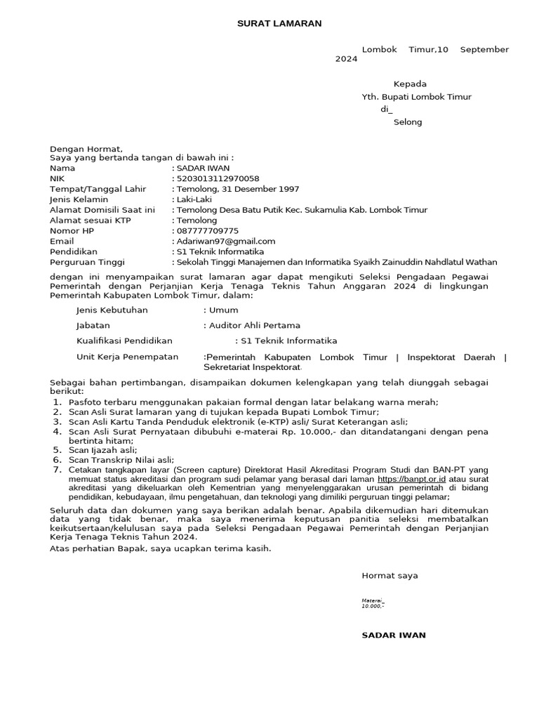 Surat Lamaran PPPK Teknis BKN 2023 | PDF