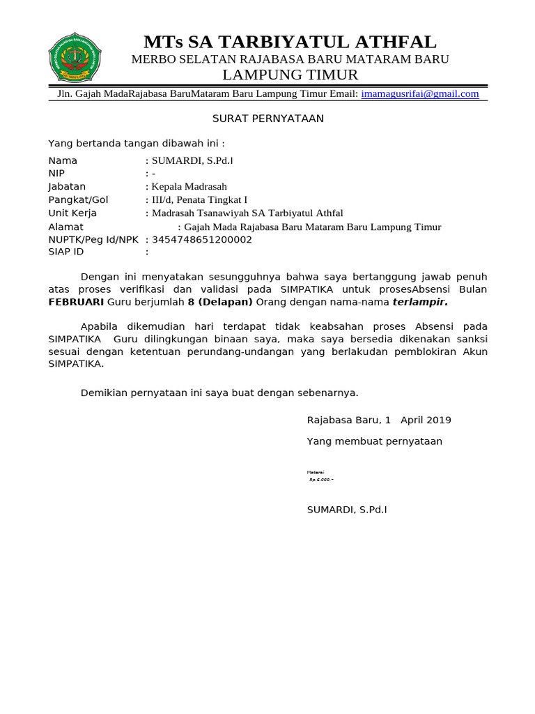 Surat Pernyataan Absensi SIMPATIKA | PDF