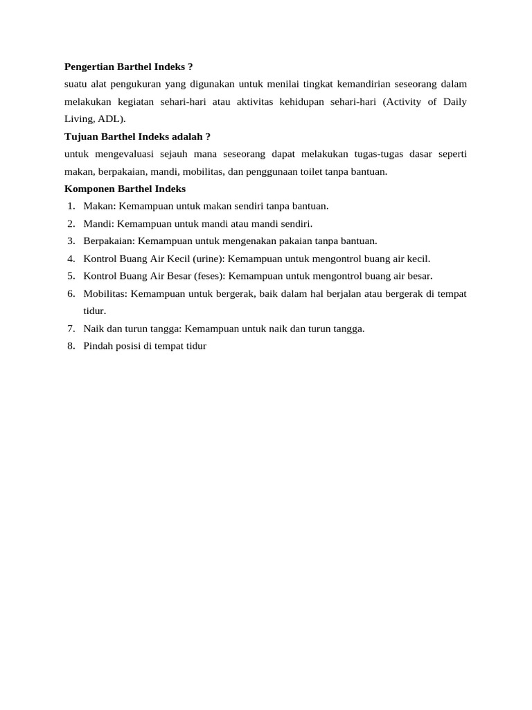 Pengertian Barthel Indeks | PDF