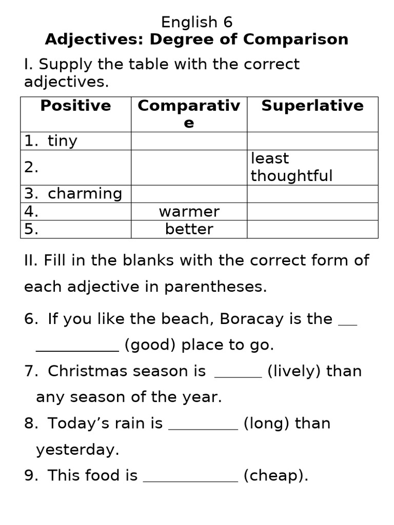 Adjectives- Degree of Comparison Quiz | PDF