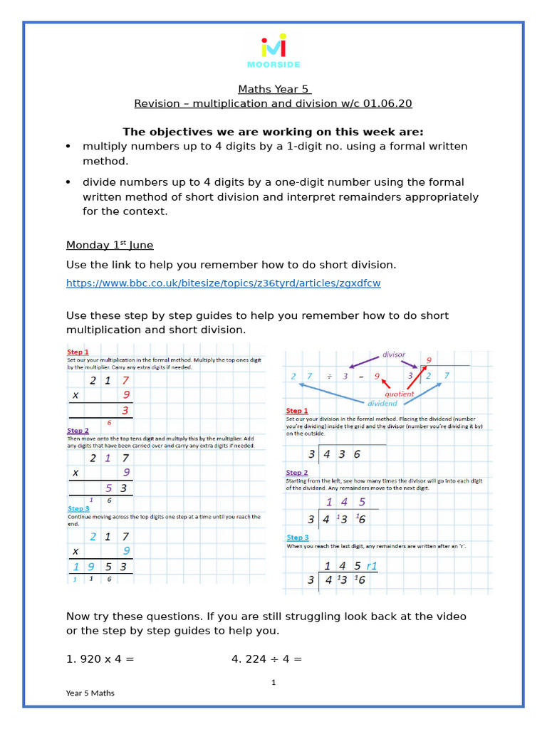 Year 5 Home Maths Task WC 01.06.20 | PDF | Multiplication | Mathematics